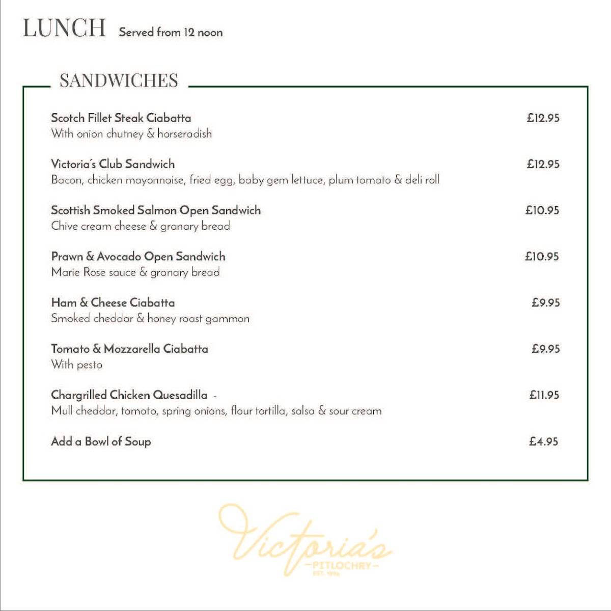 Menu at Victoria's Restaurant, Pitlochry
