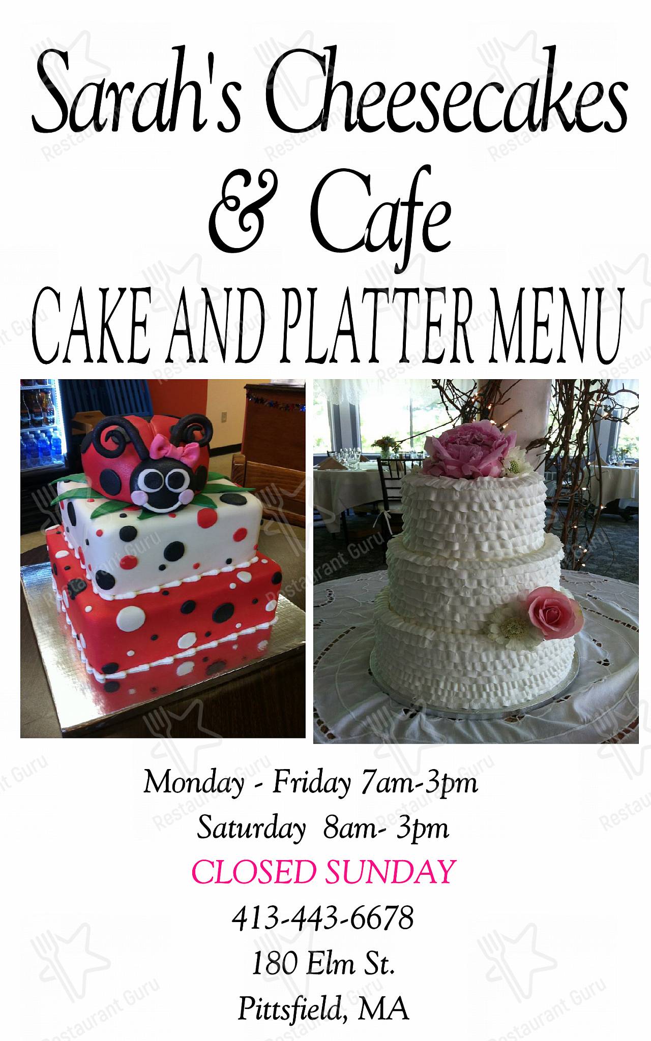 Menu at Sarah's Cheesecake & Cafe, Pittsfield, 180 Elm St G