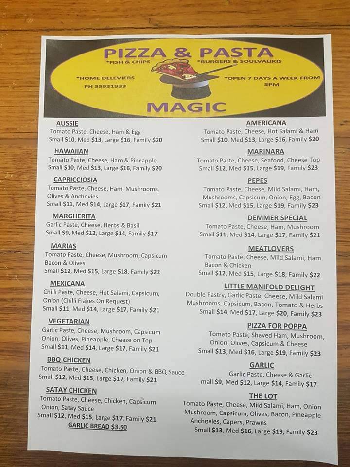 Menu at Pizza Magic restaurant, Camperdown