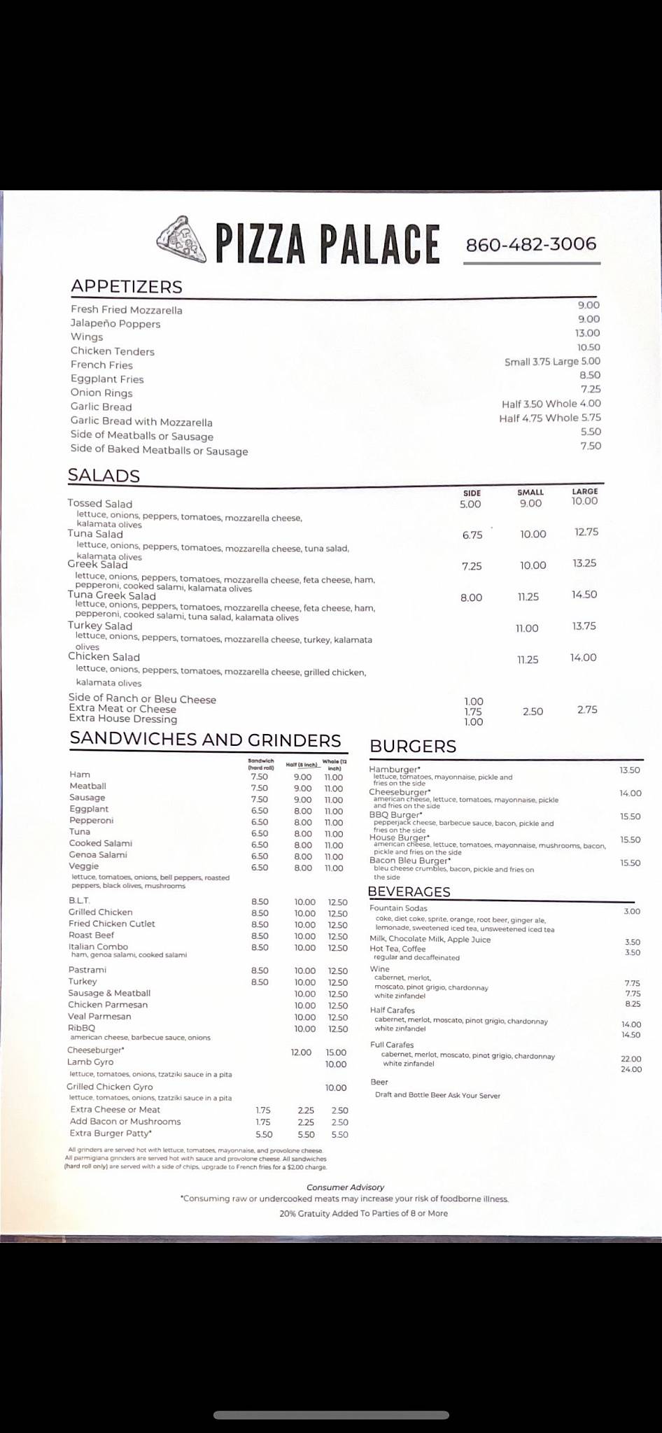 Menu at Pizza Palace pizzeria, Torrington