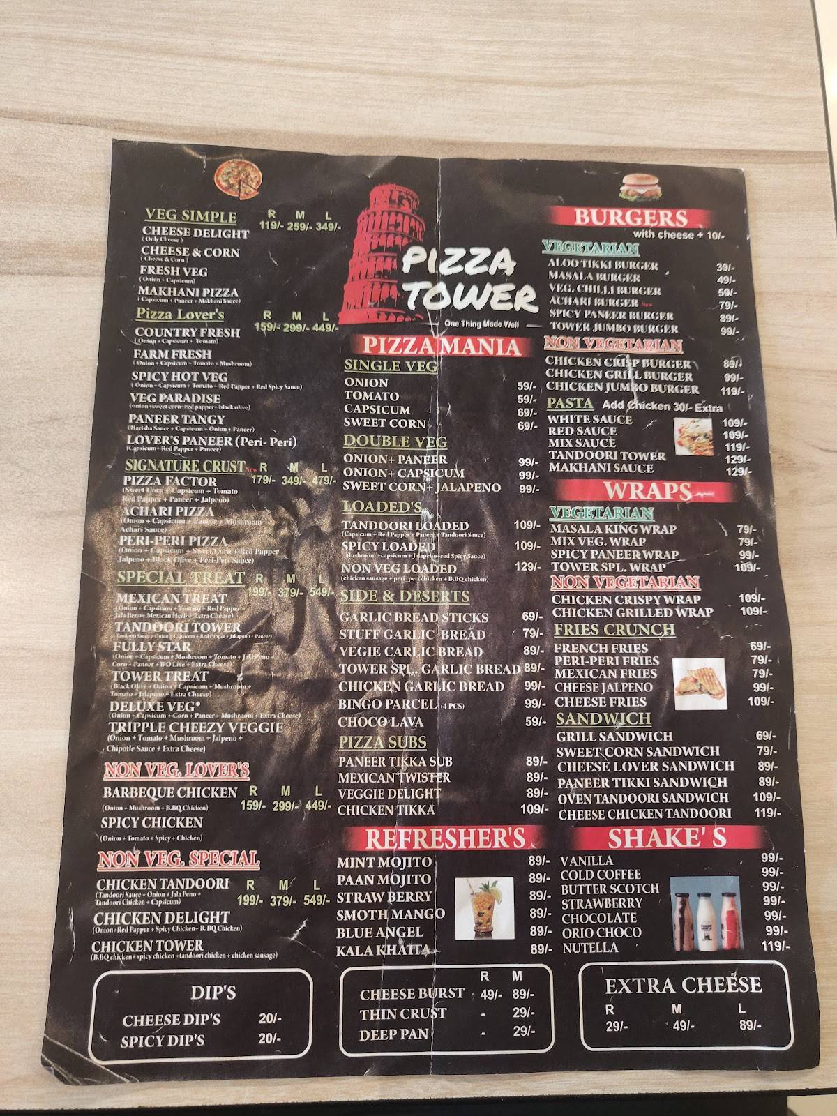 Menu at Pizza Tower, Delhi