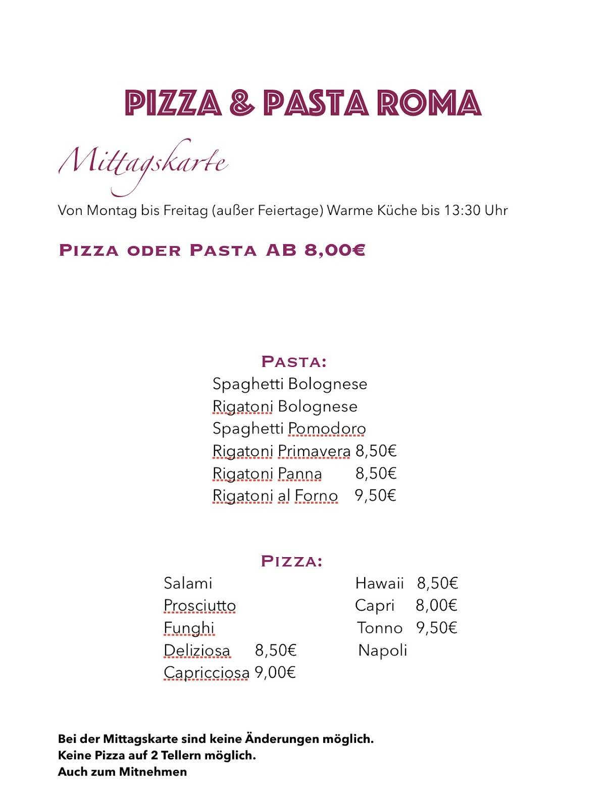 Speisekarte von Pizza&Pasta Roma, Neutraubling