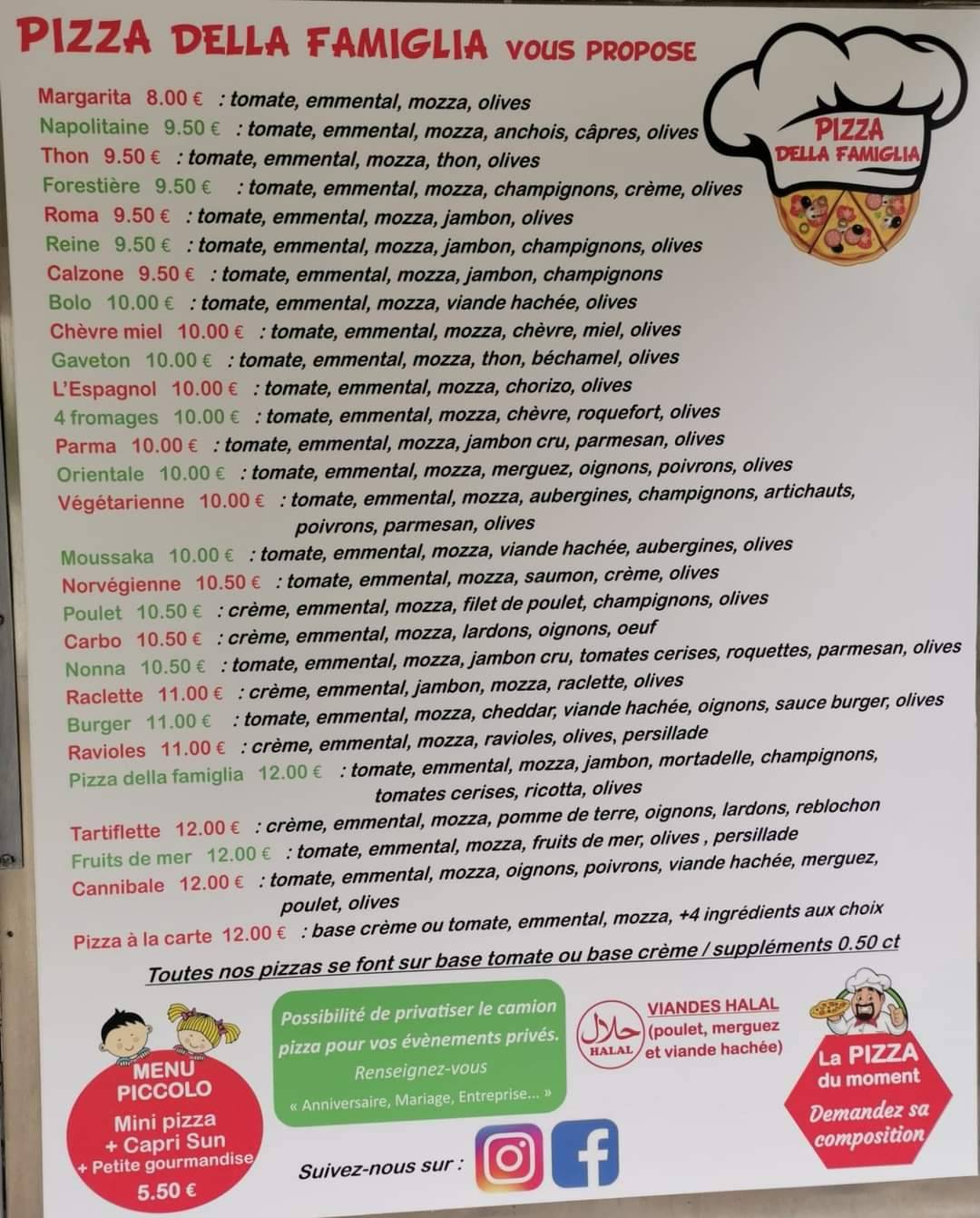 Menu at Pizza della Famiglia (pizza van) restaurant, Livet-et-Gavet