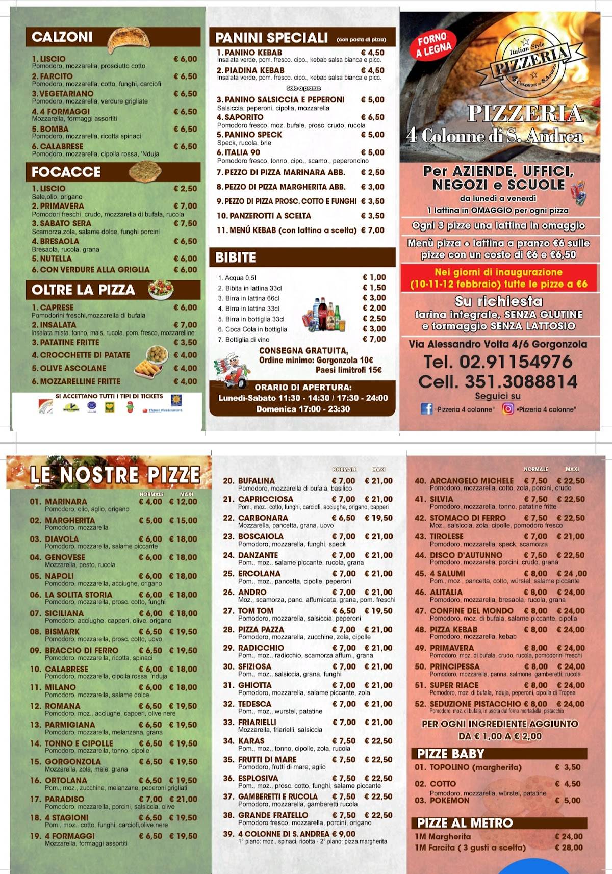 Menu at Pizzeria 4 colonne di s. Andrea, Gorgonzola, Via Alessandro Volta