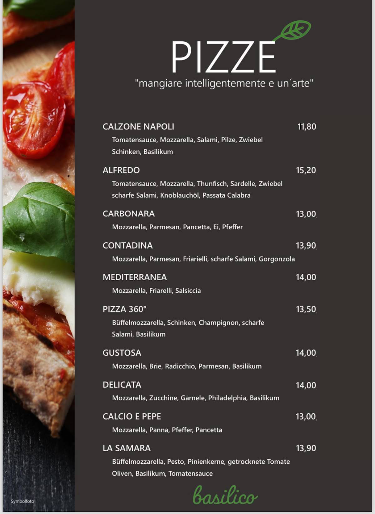 Speisekarte von Pizzeria Basilico, Arnoldstein