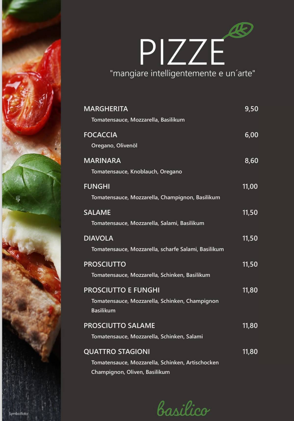 Speisekarte von Pizzeria Basilico, Arnoldstein