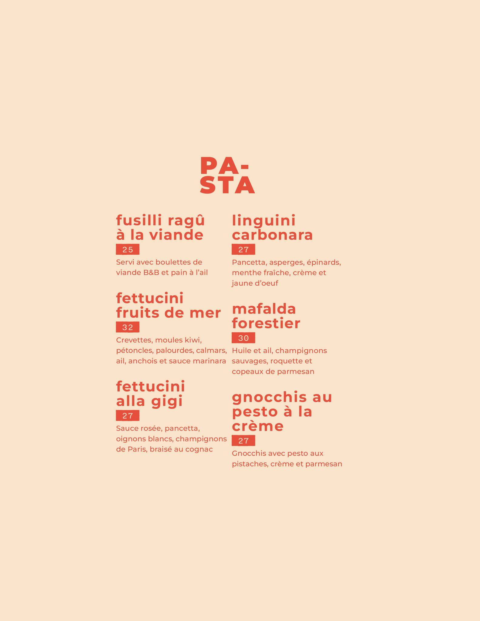 Menu au Birra & Basta pizzeria, Québec