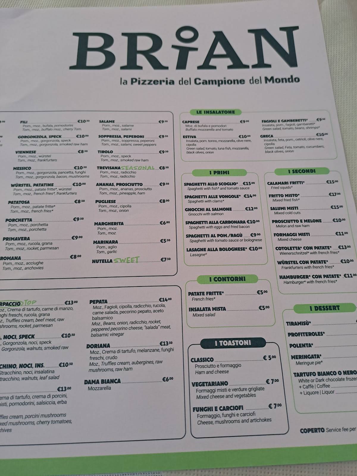 Menu at Pizzeria Brian, Brian, Via Luigi Einaudi