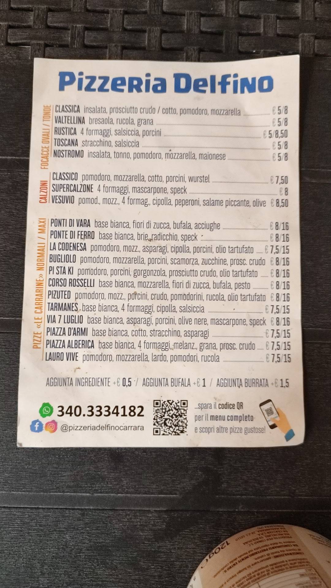 Menu da Pizzeria Delfino, Carrara