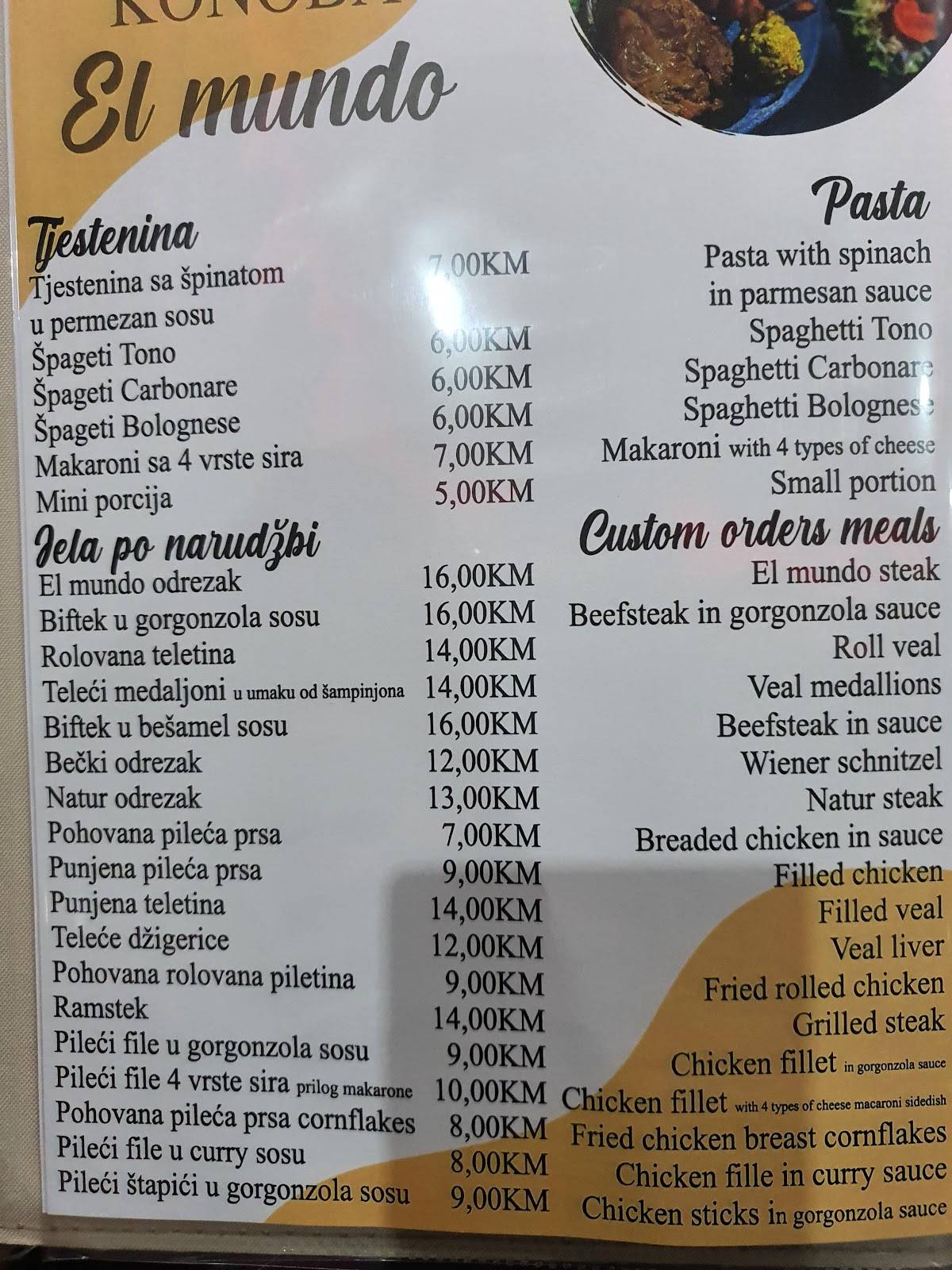 Speisekarte von Pizzeria "El Mundo", Gradačac