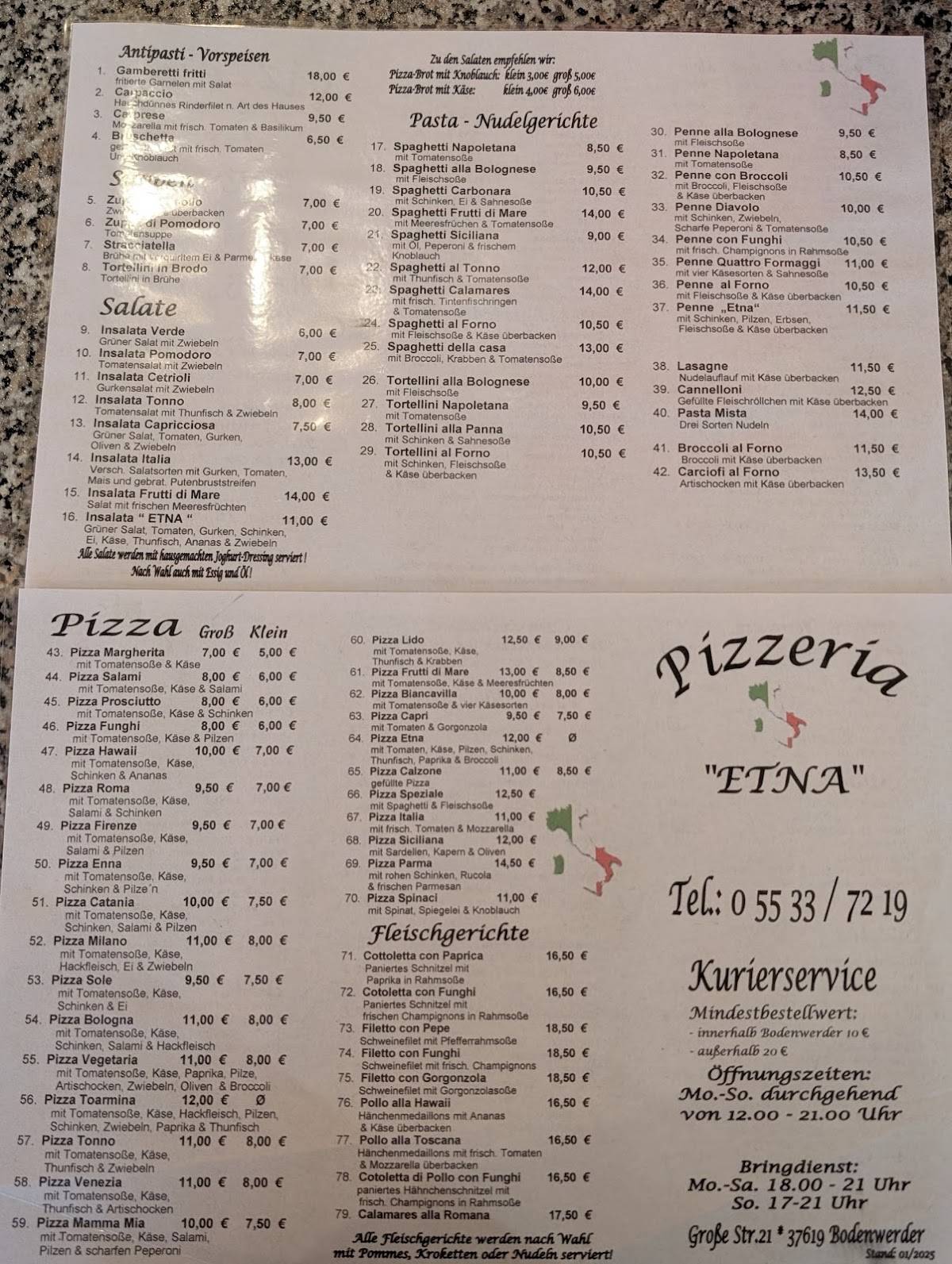 Speisekarte von Pizzeria Etna, Bodenwerder