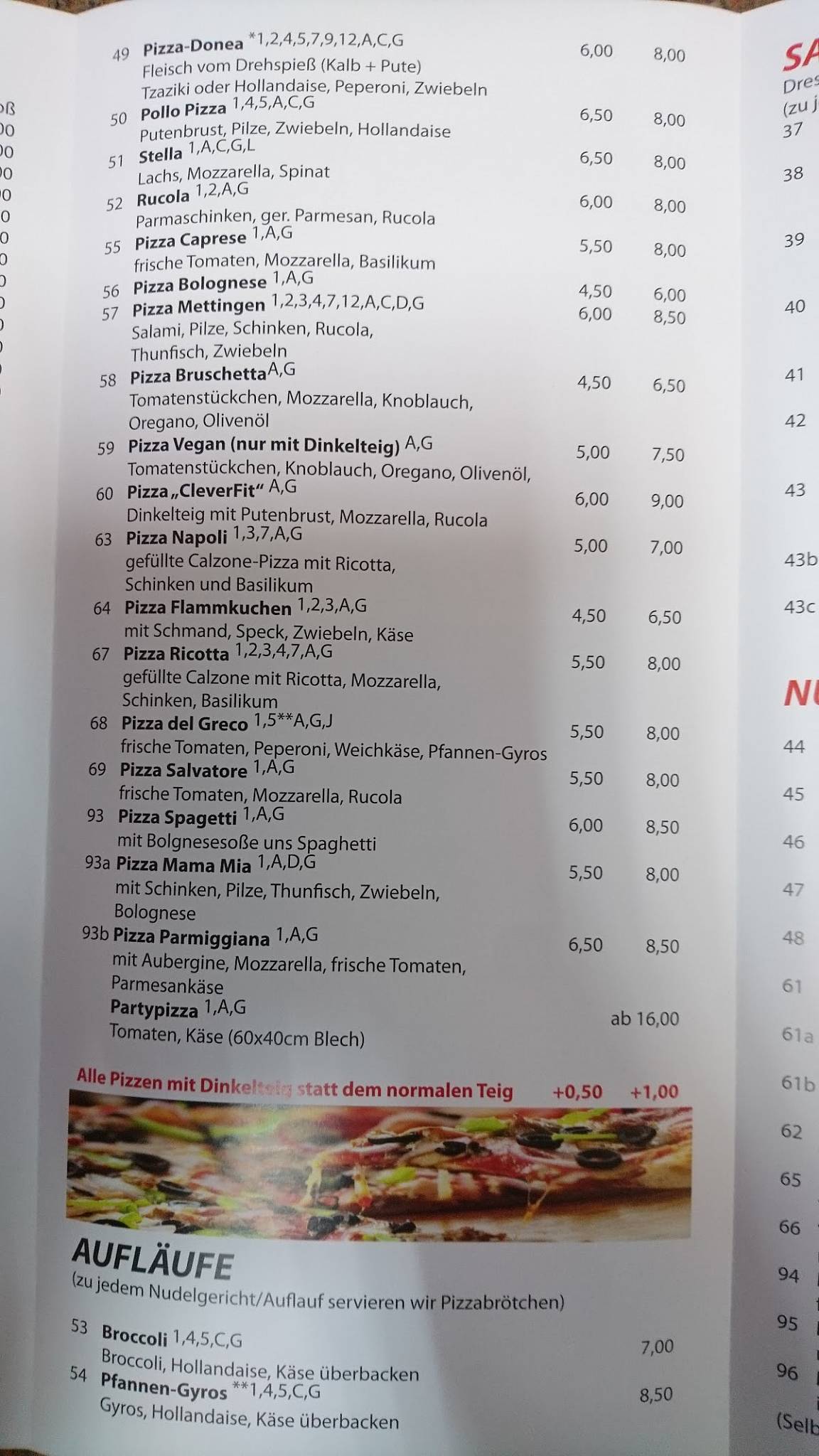 Menu at Pizzeria Etna da Salvatore, Mettingen