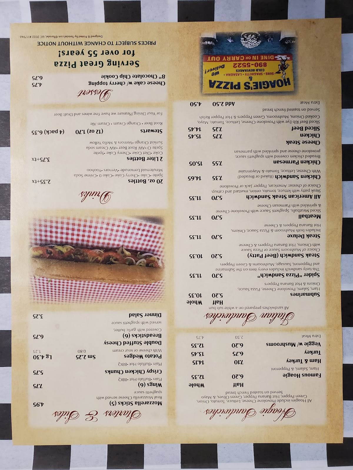 Menu at Hoagie's Pizza House,Inc. pizzeria, Dayton