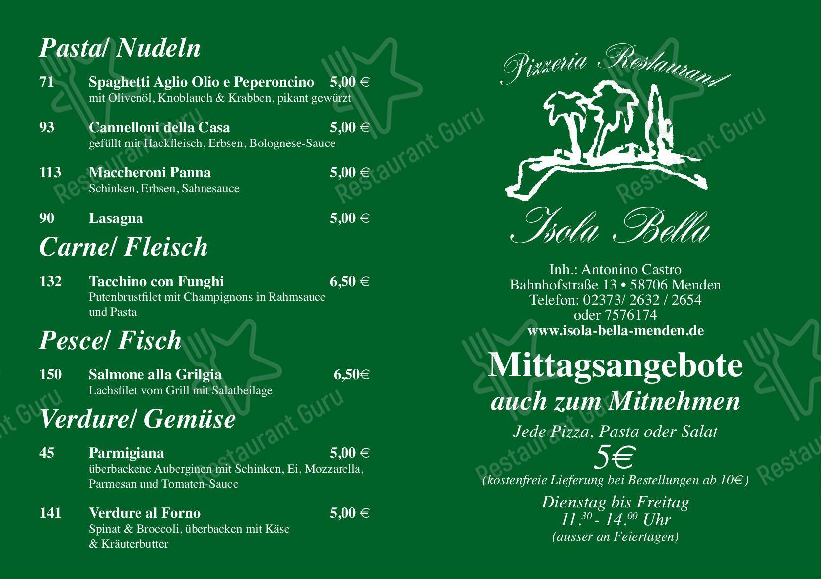 Speisekarte von Pizzeria Isola Bella, Menden (Sauerland)