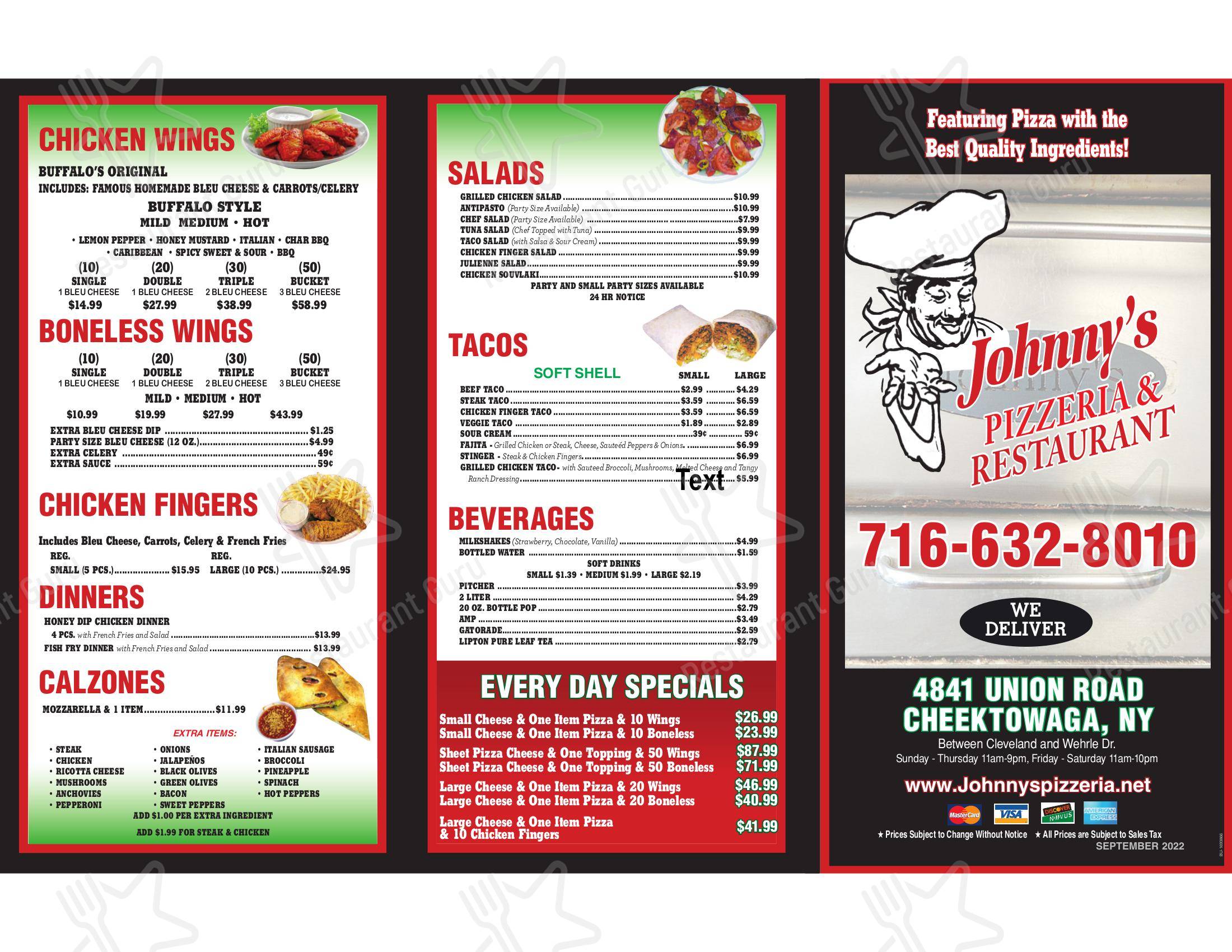 Menu at Johnny's Pizzeria & Restaurant, Cheektowaga