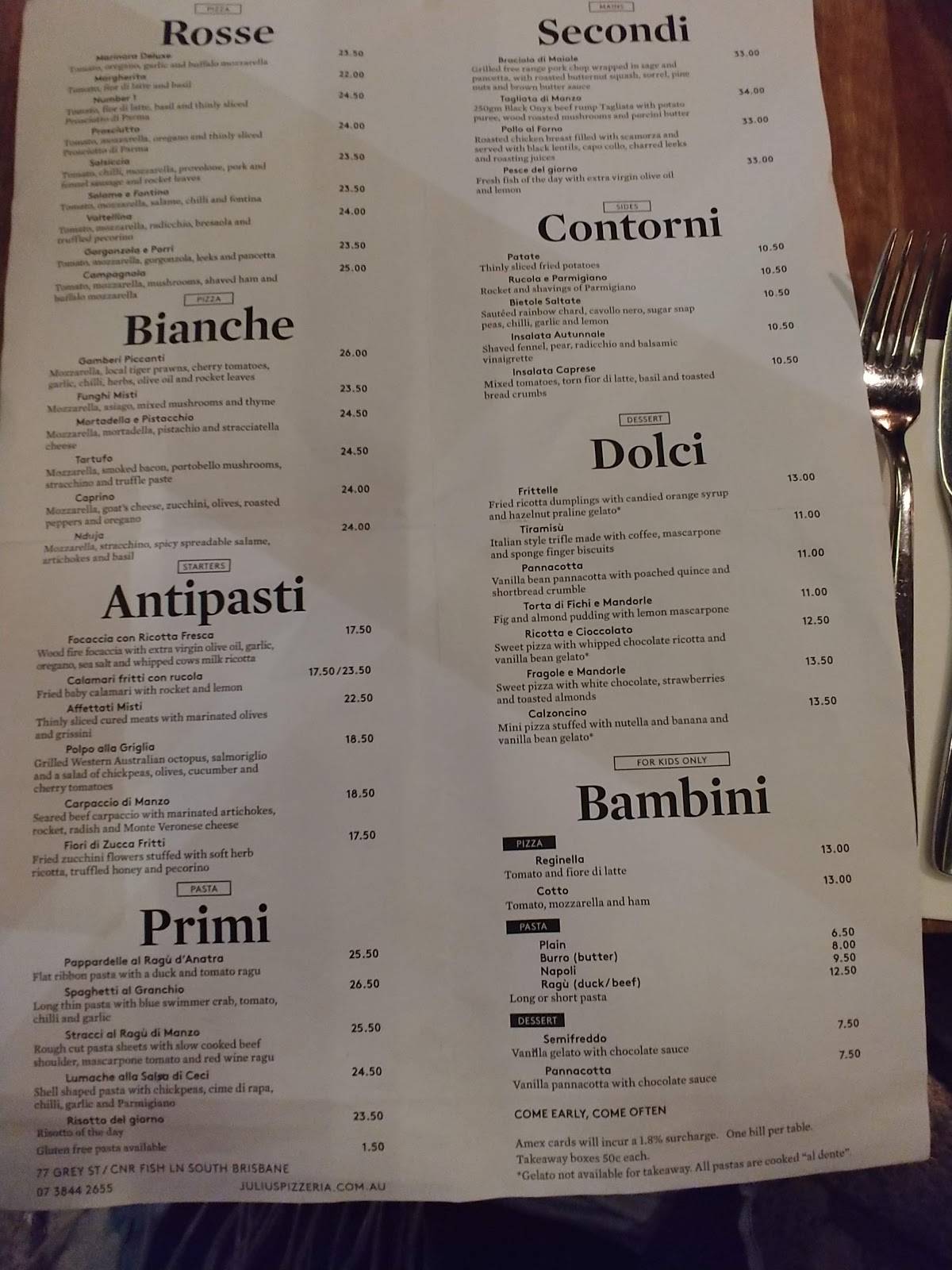 Menu at Julius Pizzeria, South Brisbane