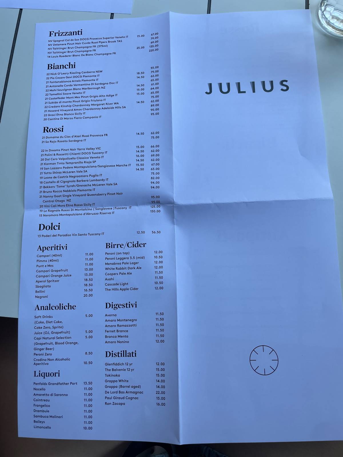 Menu at Julius Pizzeria, South Brisbane