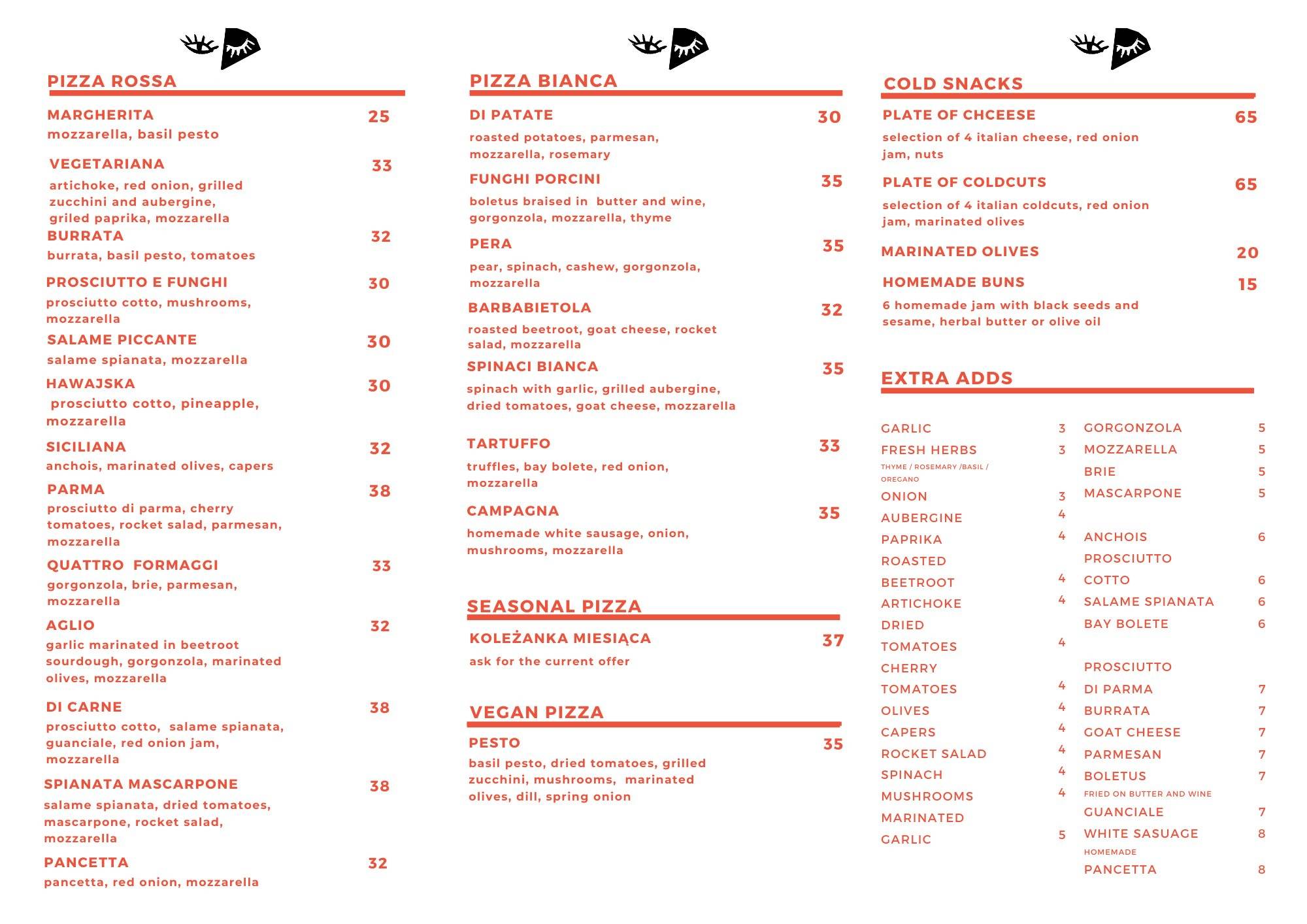 Menu at Pizzeria Koleżanka, Poland