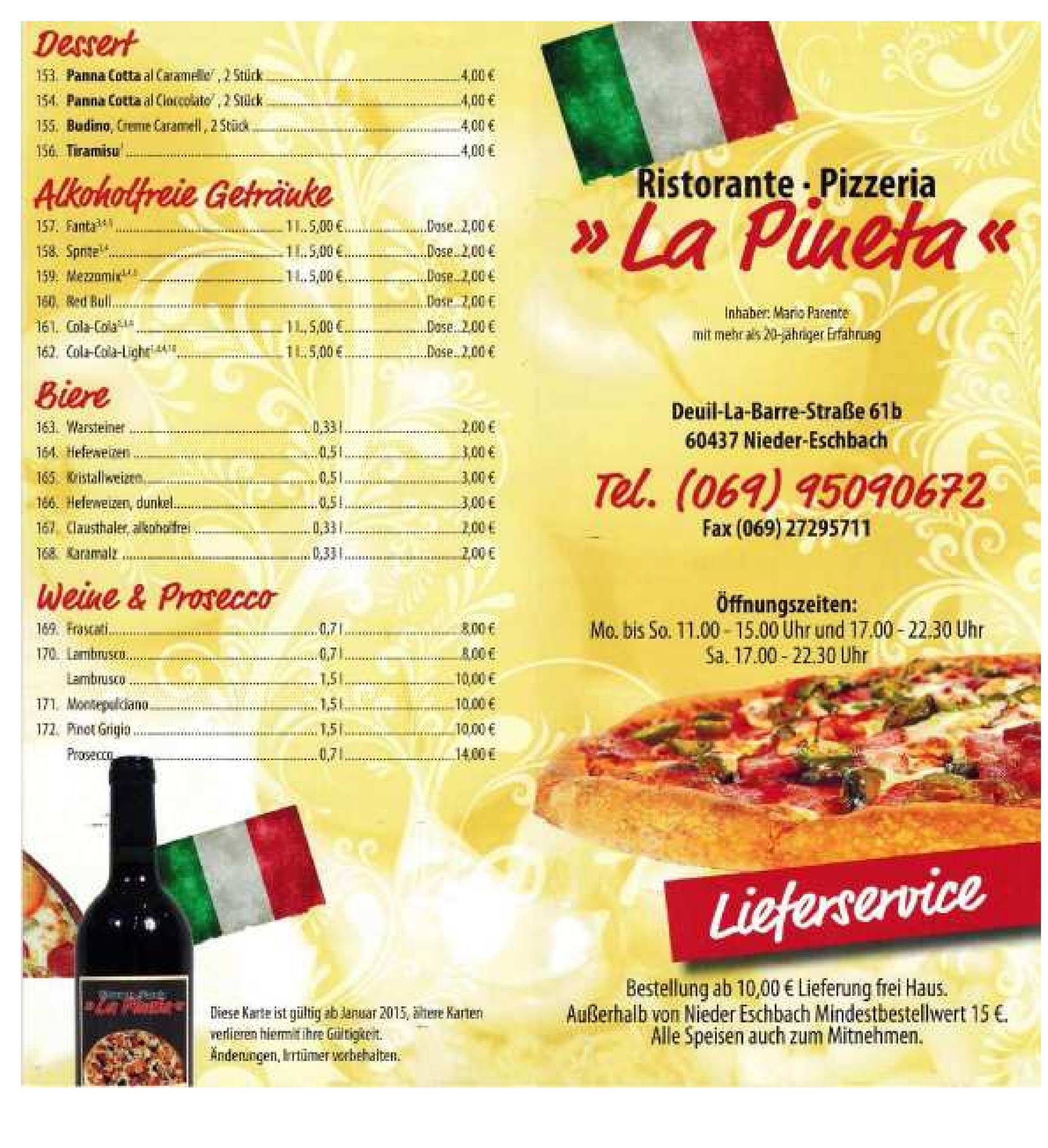 Speisekarte von Pizzeria La Pineta, Frankfurt am Main