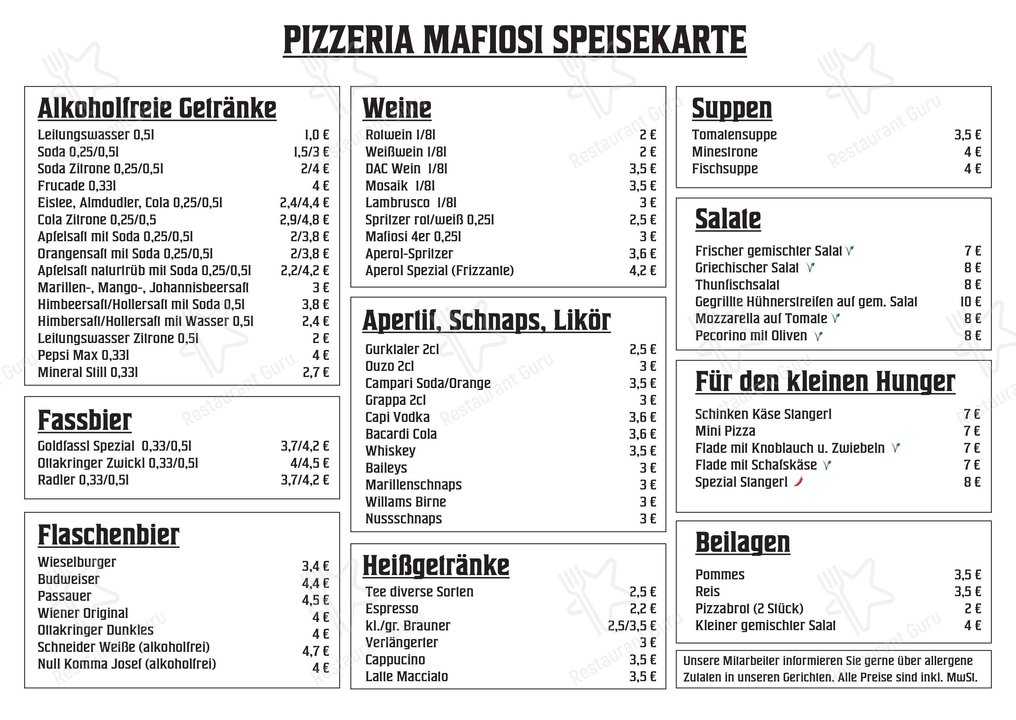 Speisekarte von Pizzeria Mafiosi, Alland