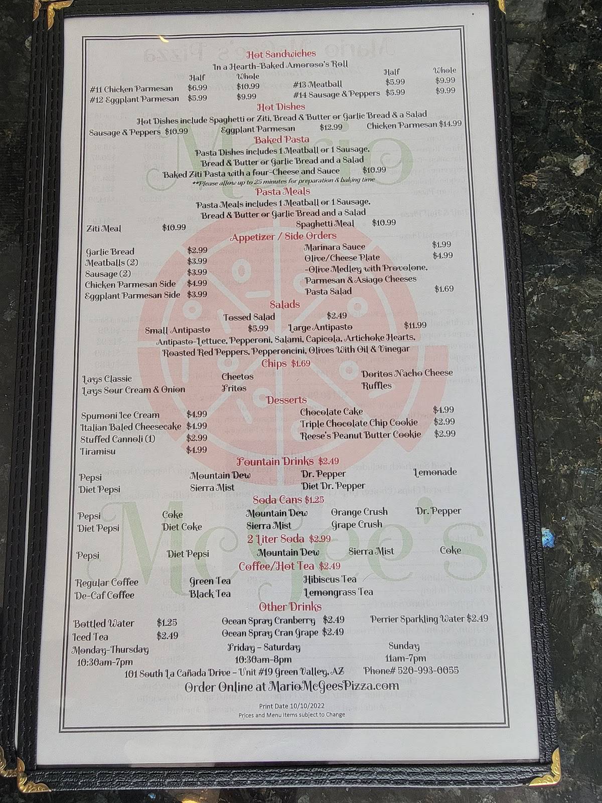 Menu at Mario McGee's Pizza pizzeria, Green Valley