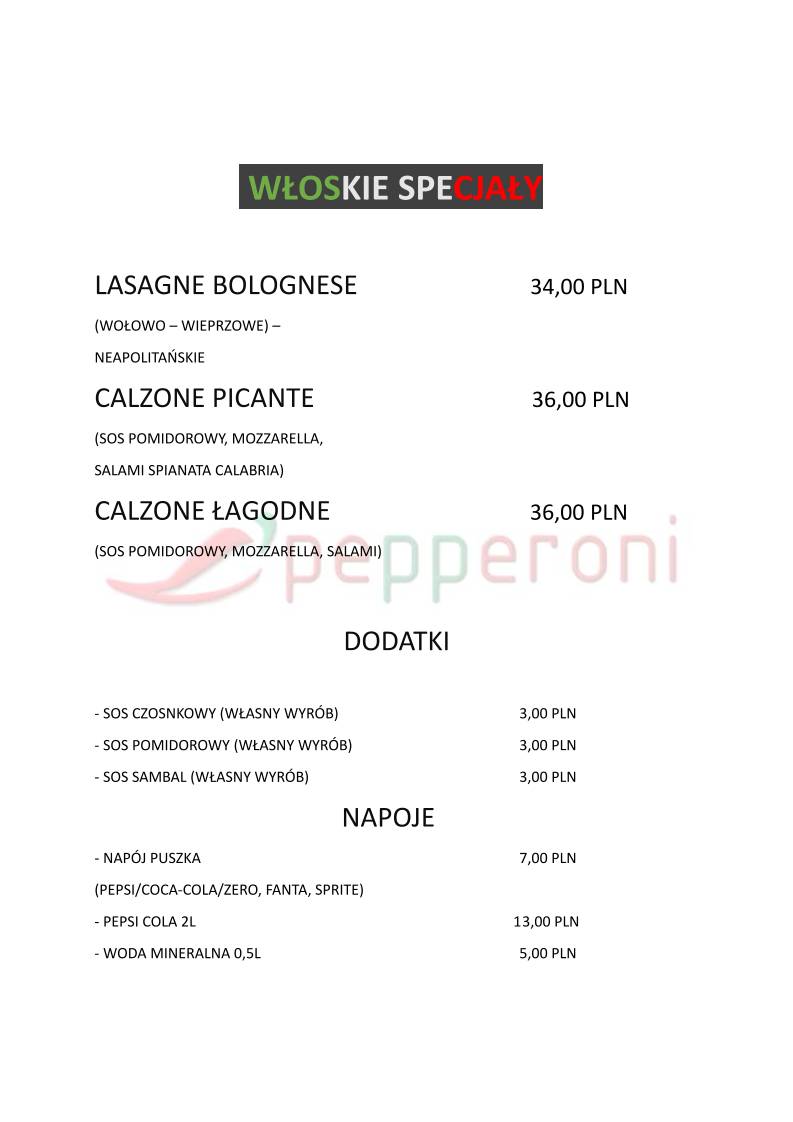 Menu at PEPPERONI pizzeria, Kamieniec Wrocławski