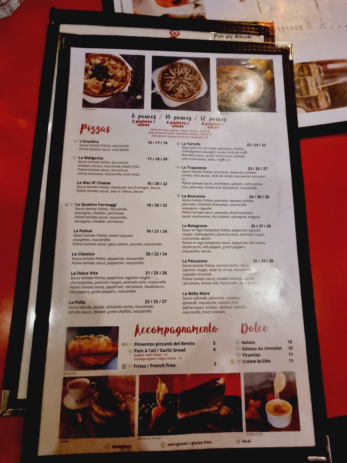 Menu au POLINA Pizzeria, Québec