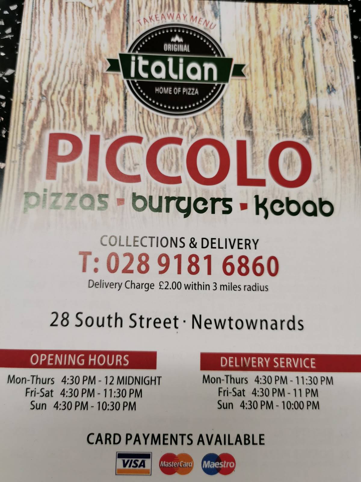 Menu at Piccolo Pizzeria, Newtownards