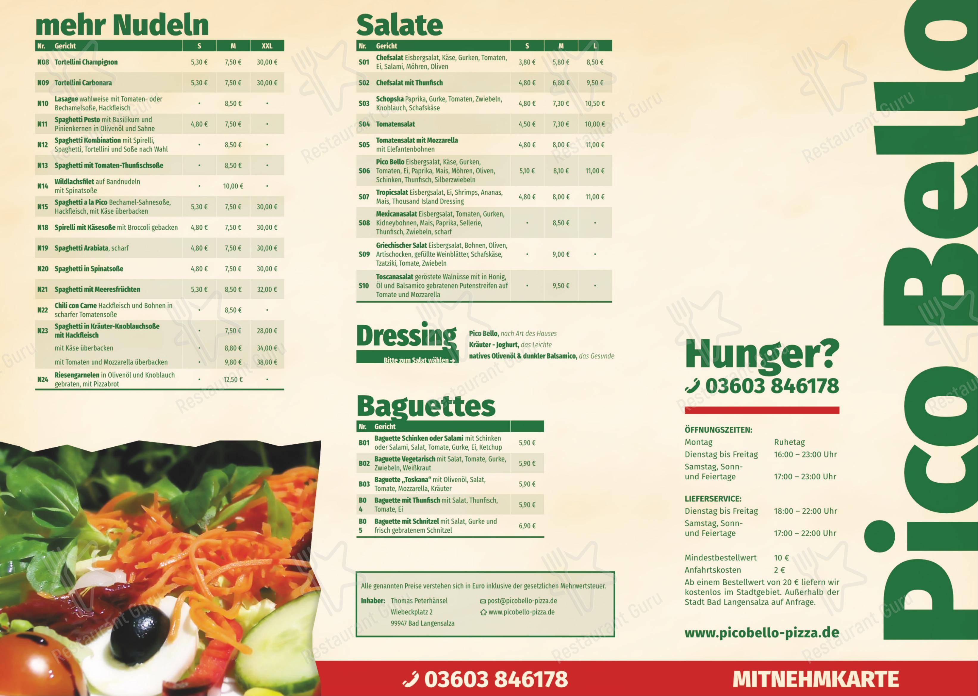 Speisekarte von Pizzeria Pico Bello, Bad Langensalza