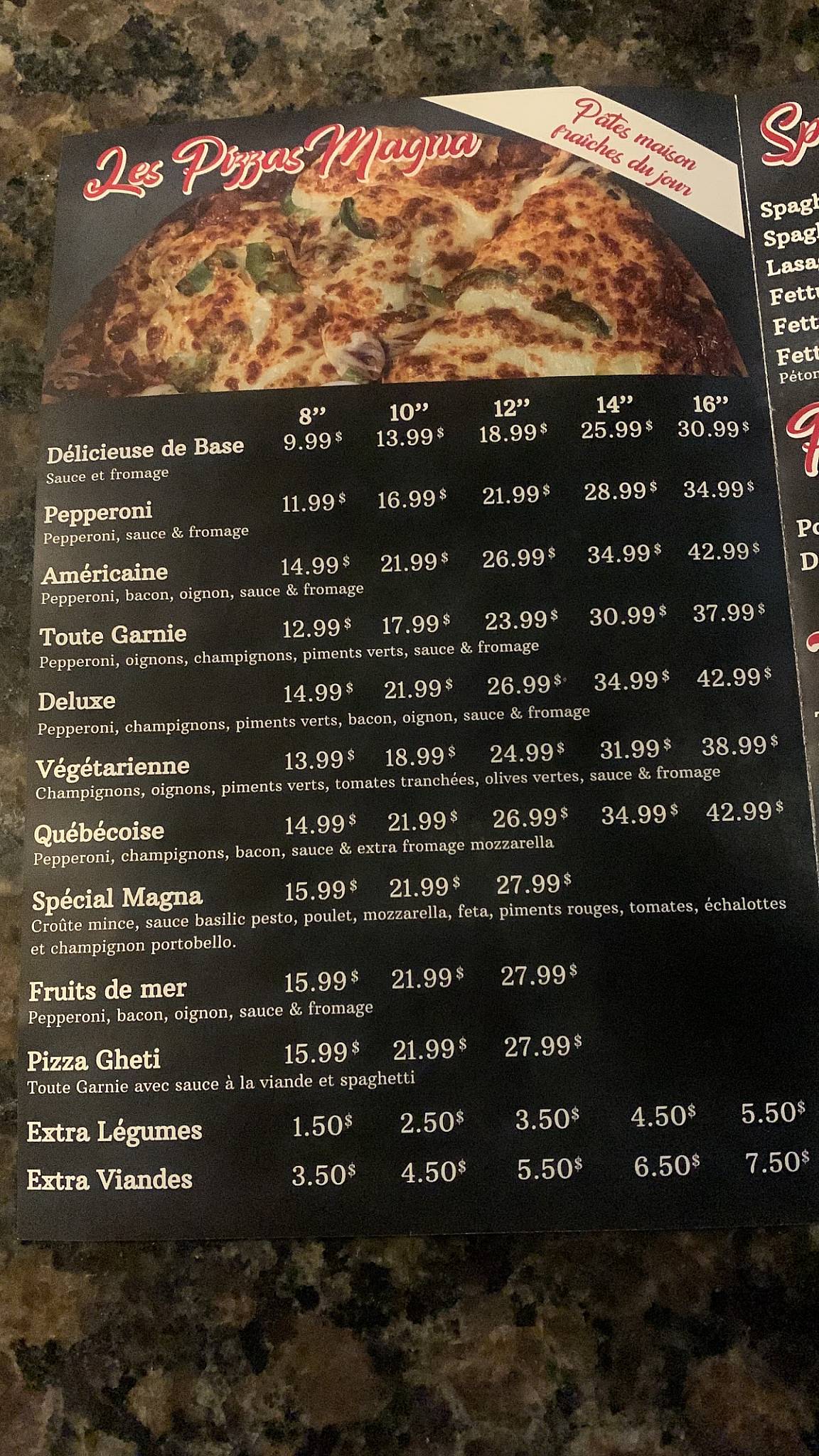 Menu au Restaurant Magna Pizza, Trois-Rivières