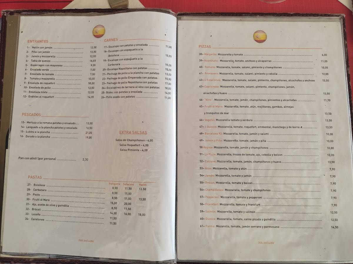 Menu at Restaurante Pizzería Da Nino, Ibiza