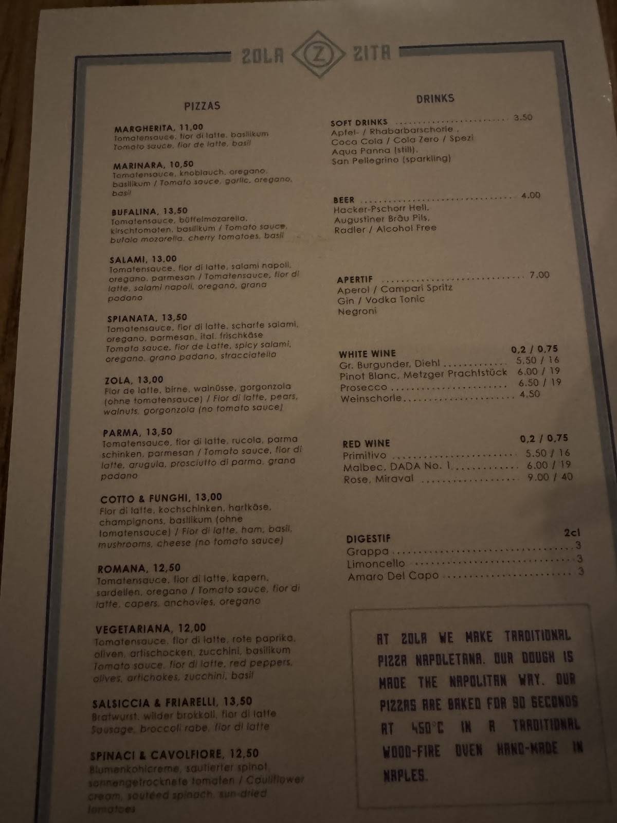 Speisekarte von ZOLA pizza, Berlin, Paul-Lincke-Ufer 39-40