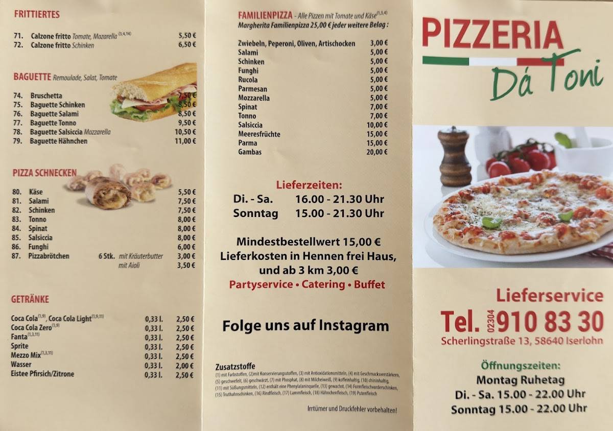 Speisekarte von Pizzeria da Toni, Iserlohn