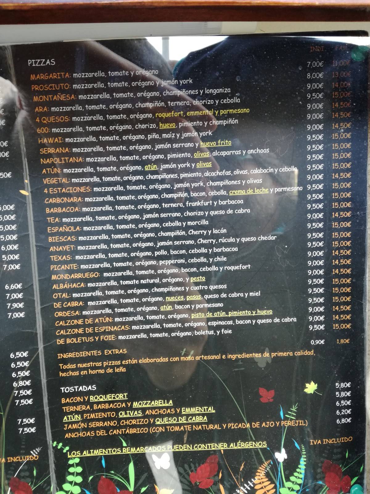 Menu at Pizzeria la Tea, Biescas