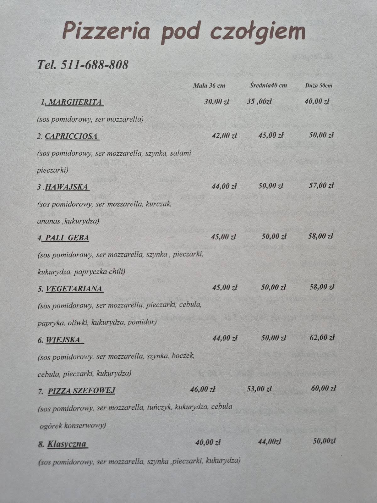 Menu at Pizzeria pod czołgiem, Sawin
