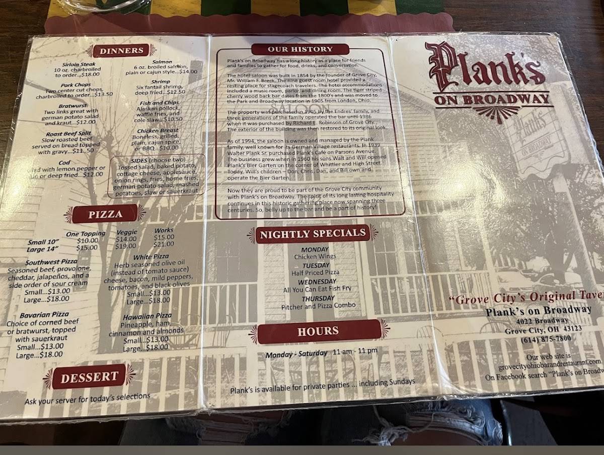 Menu at Plank's On Broadway pizzeria, Grove City