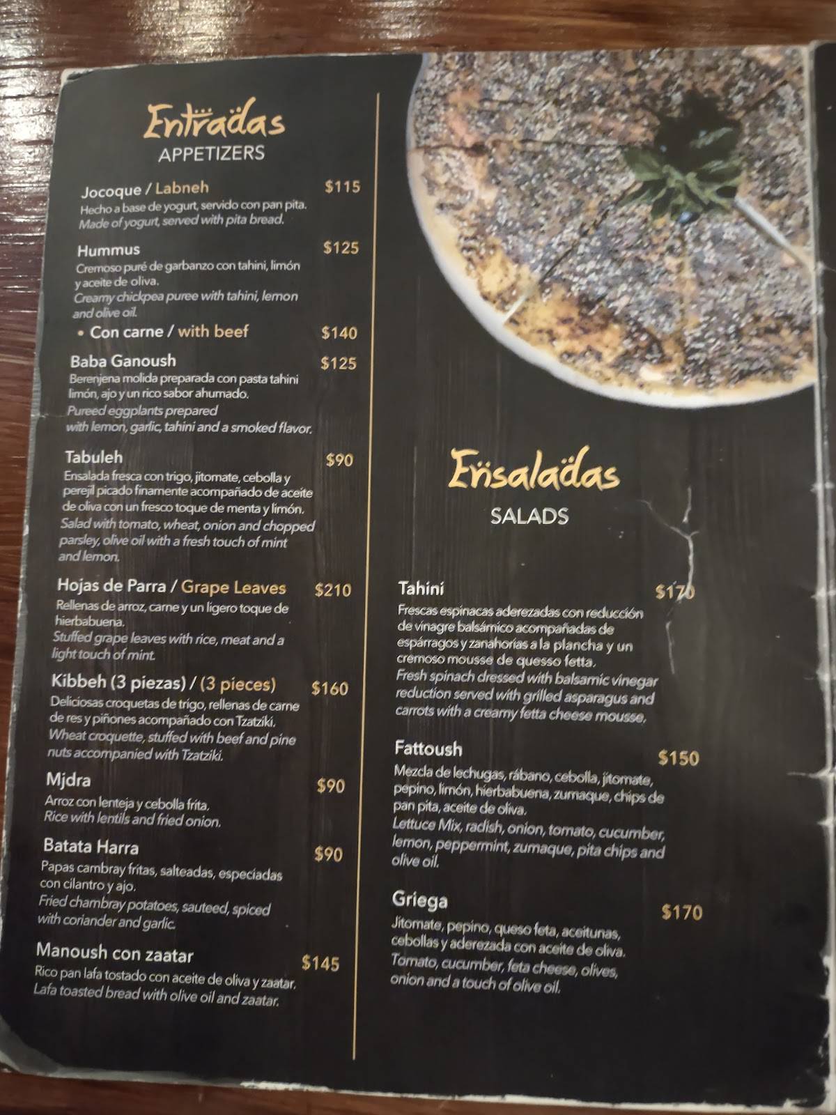 Menu at Tahini restaurant, Playa del Carmen