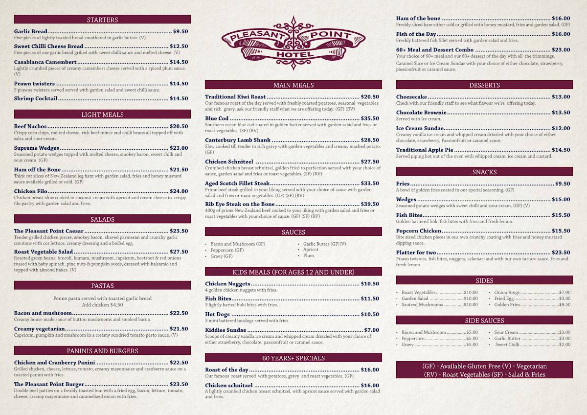 Menu at Pleasant Point Hotel pub & bar, Pleasant Point