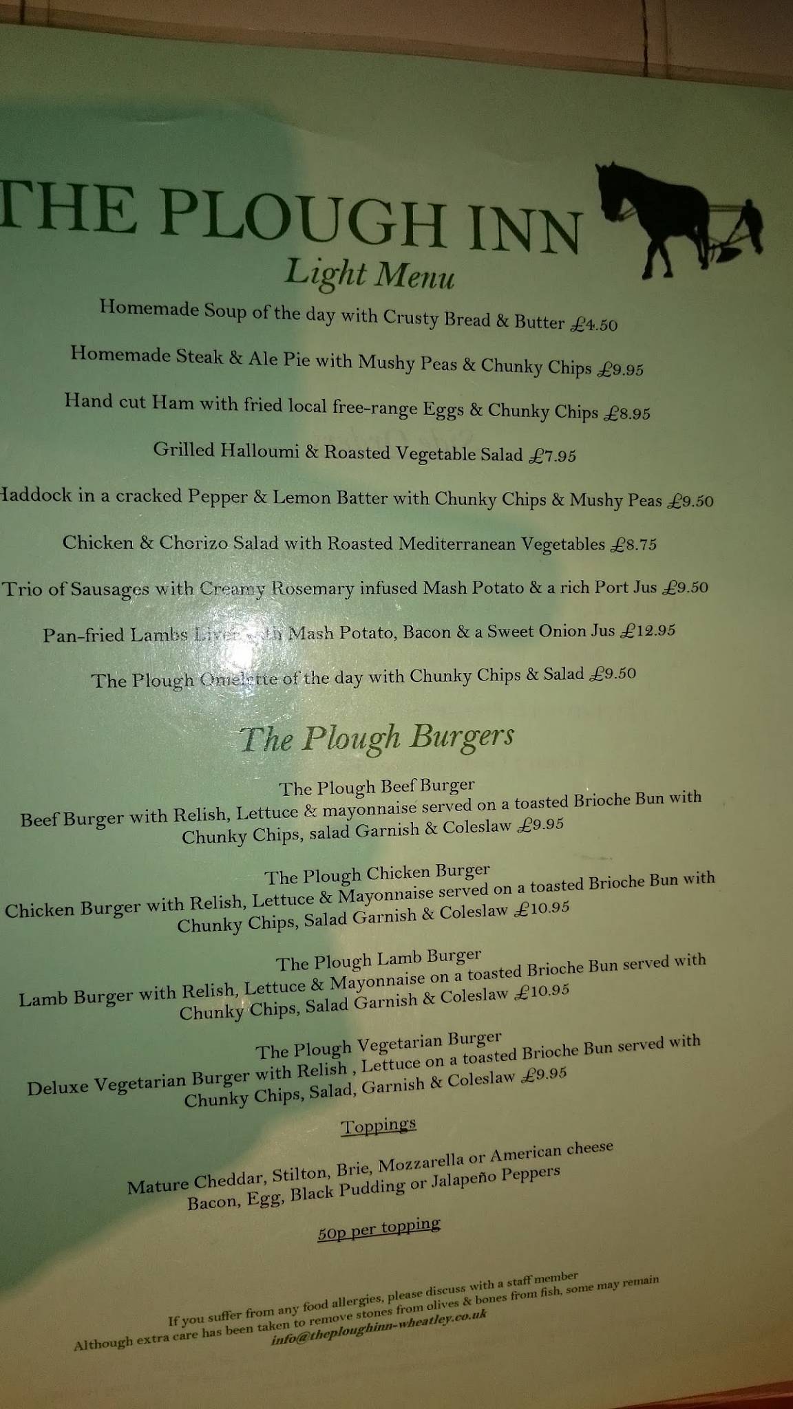 Menu at Plough Inn pub & bar, Wheatley, 132 London Rd
