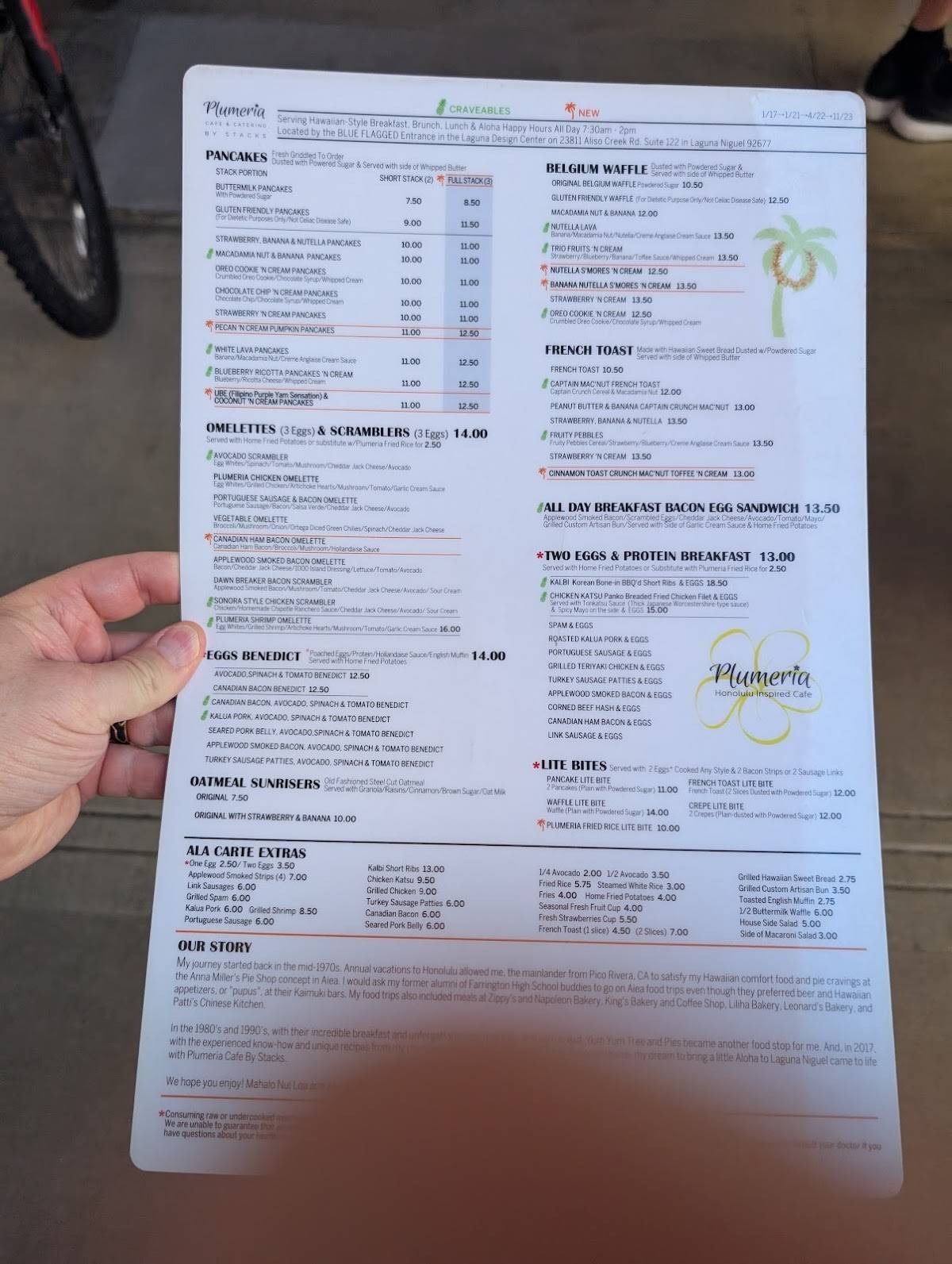 Menu at Plumeria Cafe by Stacks Pancake House, Laguna Niguel