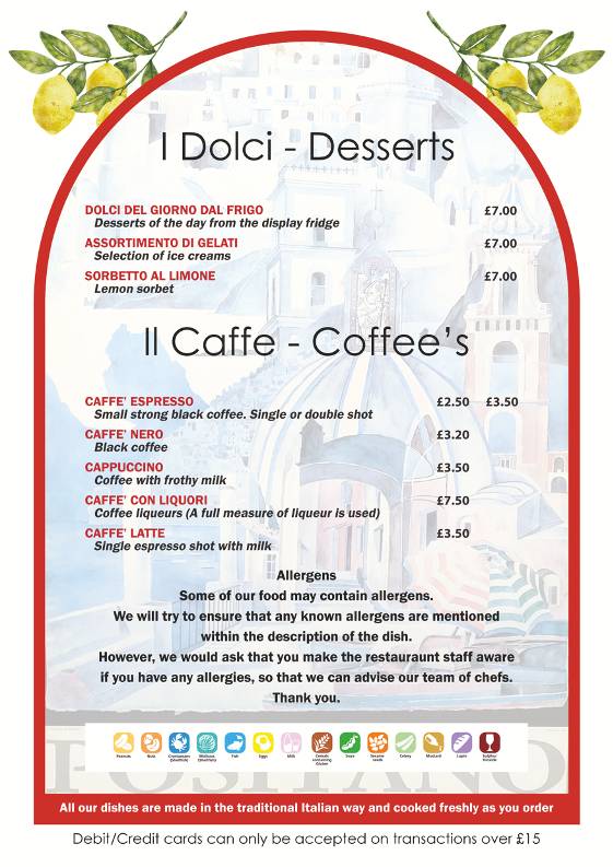 Menu at Positano restaurant, Plymouth