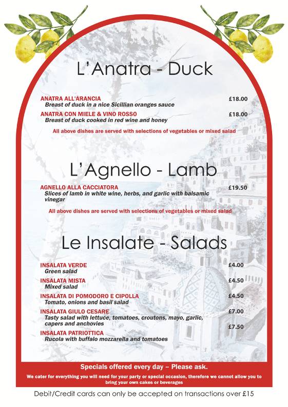 Menu at Positano restaurant, Plymouth