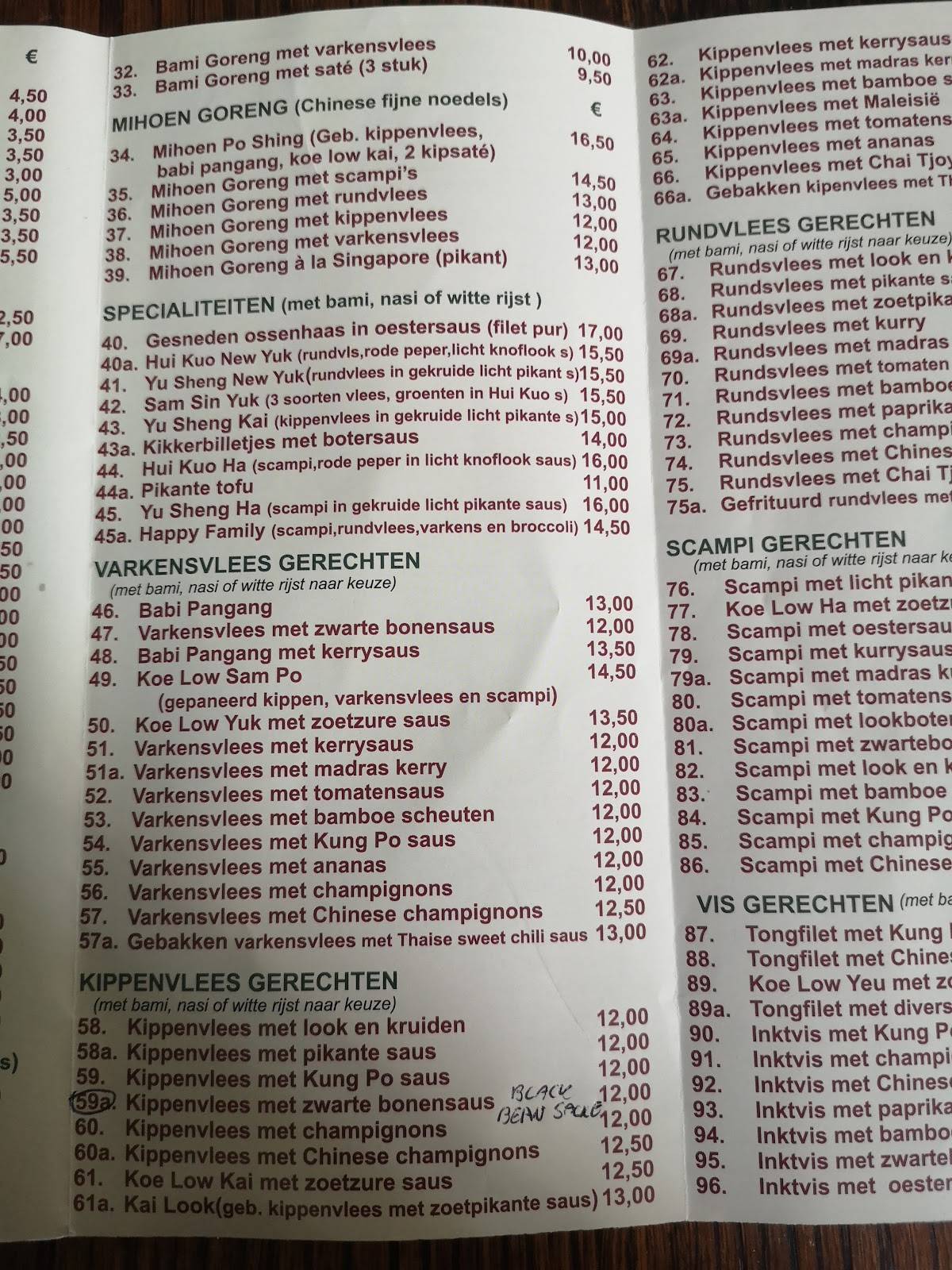 Menu at Po Shing, Borgloon