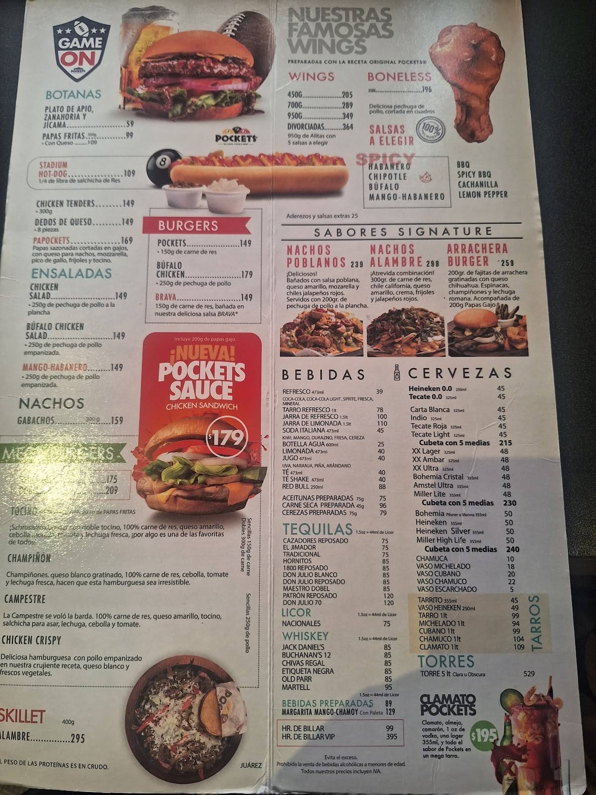 Carta del pub y bar Pockets Plaza Bensa, Ciudad Juarez