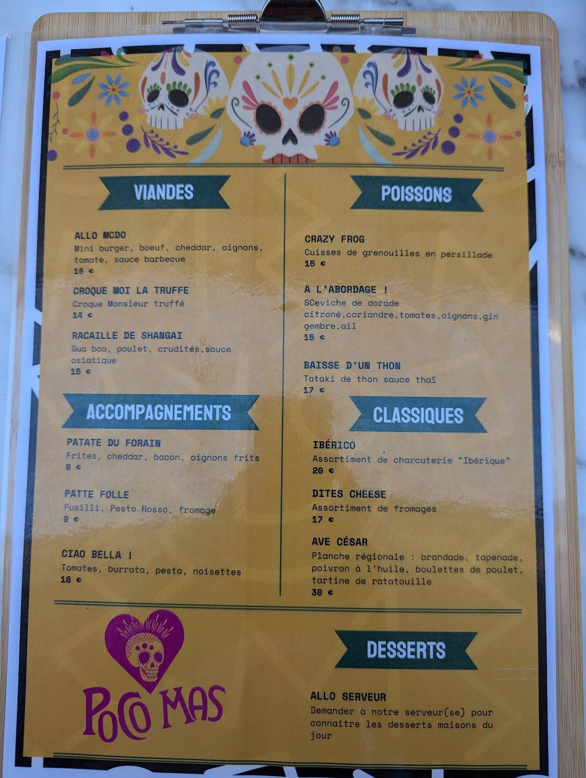 Menu au Poco Mas pub et bar, Nimes