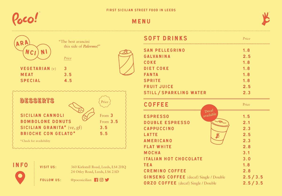 Menu at Poco Sicilian Street Food Headingley restaurant, Leeds