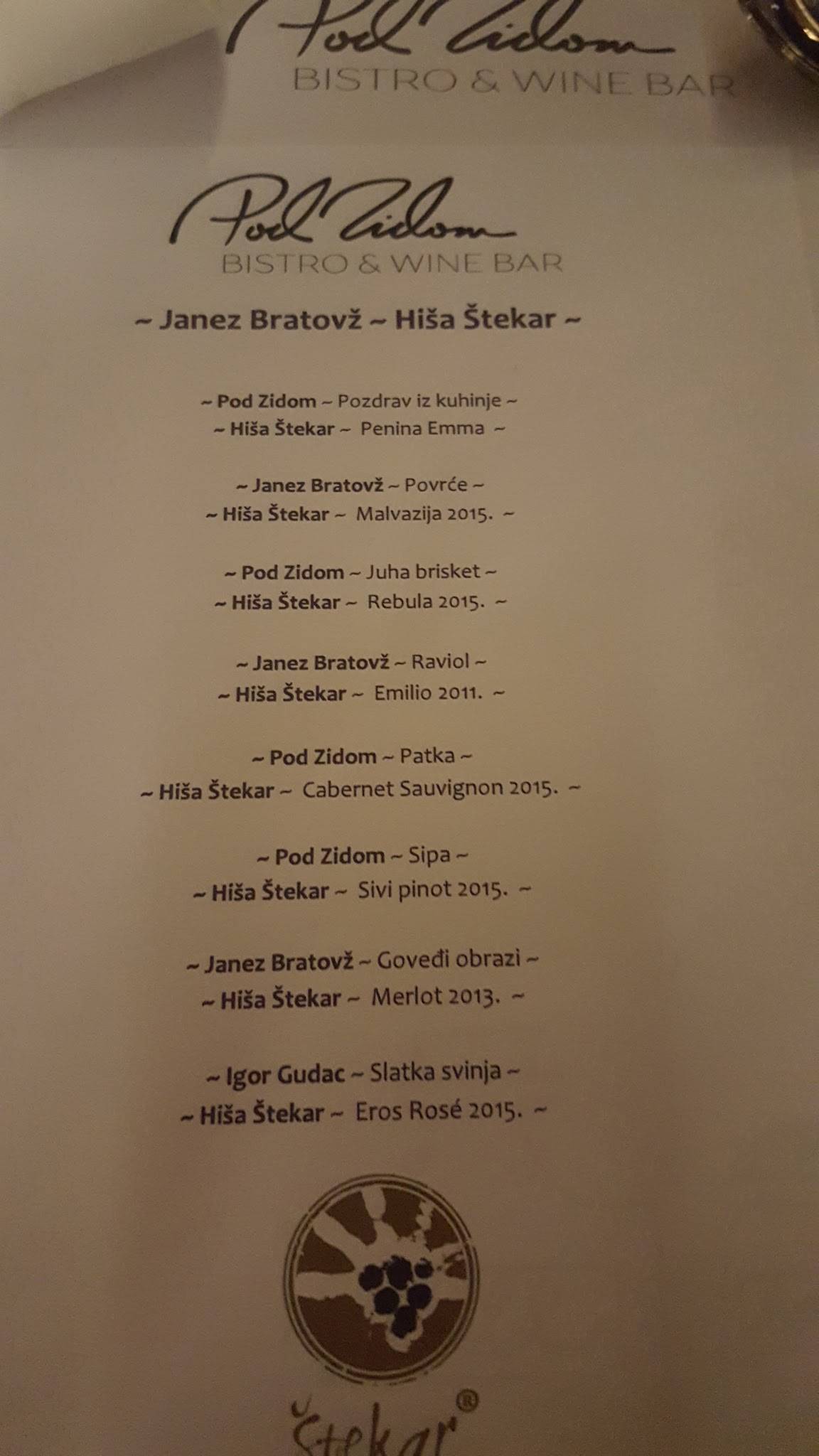 Menu at Pod Zidom Bistro cafe, Zagreb