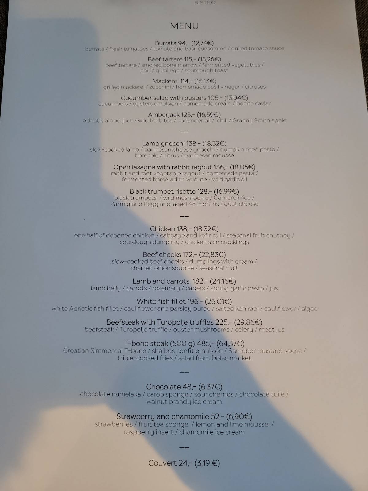 Menu at Pod Zidom Bistro cafe, Zagreb