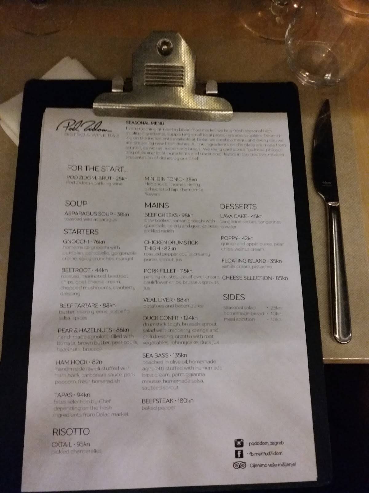 Menu at Pod Zidom Bistro cafe, Zagreb