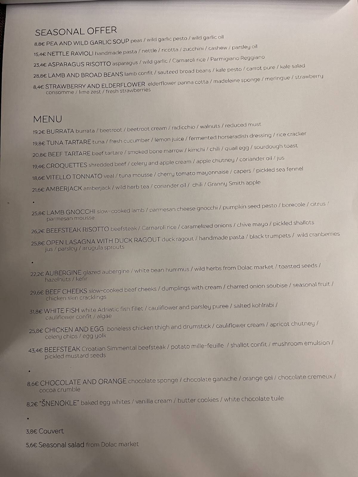 Menu at Pod Zidom Bistro cafe, Zagreb